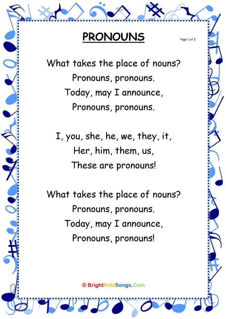 Pronouns Song Lyrics Sheet Brightkidzsongs